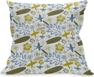 Abakuhaus Luau Kissenbezug, Strand mit Surfers Silhouettes Waves und Exotic Plant Summer Theme, Kissenhülle mit Reißverschluss Beidseitiger Druck, 50 x 50 cm, O