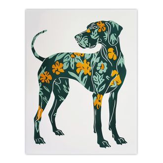 Artery8 Great Dane Dog Lover Green Orange Floral Pattern Living Room Extra Large XL Wall Art Poster Print
