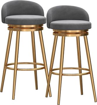 Generic 2Er-Set Drehbare Barhocker Aus Samt mit Rückenlehne, Graue Küchenbarhocker In Tresenhöhe, Drehbare Hohe Barhocker mit Goldener Fußstütze