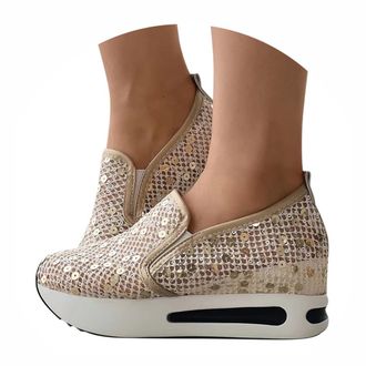 Minetom Sneaker Damen Pailletten Keilabsatz Schuhe Atmungsaktive Ausgeschnittene Spitze Stoffschuhe Frauen Laufschuhe Sommer Outdoor Slip On Walkingschuhe Gli