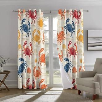 Generic Rideau Occultants À OEillets Salon Mignon Gribouillages Crabes Imprimer, Rideaux Coulissants pour Chambre Enfant Fille Garcon, Crème Rideau Thermiques