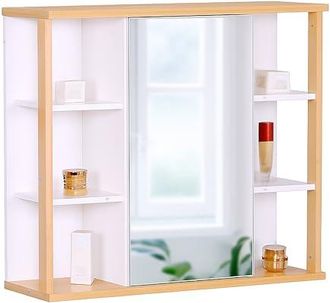 Relaxdays Spiegelschrank, 6 Ablagen, 2 Innenfächer, HxBxT: 64 x 62 x 21 cm, Wandmontage, Bad Hängeschrank, weiß/Natur