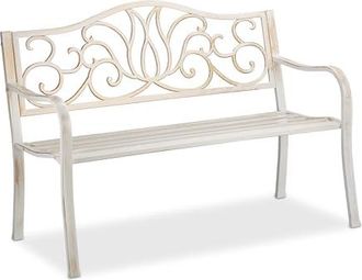 Relaxdays Gartenbank Antik f&uuml;r 2 Personen, Balkon, Terrasse, Premium Rostschutz, Metallbank 90x127,5x63 cm, wei&szlig;-bronze