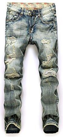 LaoZan Jean Skinny à Délavage Moyen et Déchirures aux Genoux Pantalon Denim Homme Jean Serré Pantalon Jean