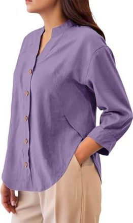 Generic Chemises en lin pour femme, chemisiers en coton et lin pour femmes, chemises d&eacute;t&eacute; en coton avec col en V, boutons, manches longues, chemisier respiran