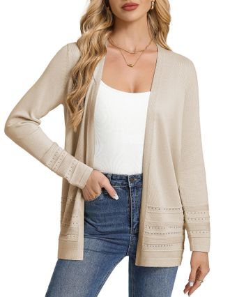 Grace Karin Damen Langarm Leicht Strickjacke Elegant Durchbrochenem Muster Offene Front Lange Cardigan Blazer Aprikose S
