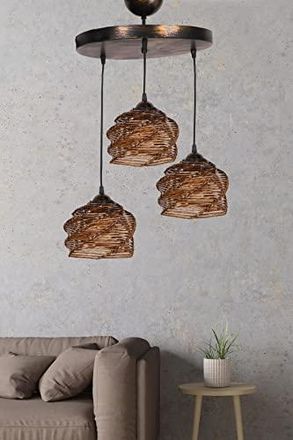 Opviq Elegant Bohemian Chandelier, Metal Body with Wooden Cap, 35 cm Diameter, 85 cm Height | Antiquation Finish, E27 Socket, Rustic Scandinavian Design