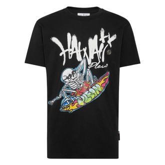 Philipp Plein Homme, Tops, Noir, Taille: 2XL T-Shirt Col Rond Hawaii