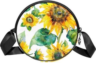 Generic Petit sac &agrave; bandouli&egrave;re rond pour femme, motif tournesol avec fermeture &eacute;clair, bretelles r&eacute;glables, style d&eacute;contract&eacute;, pour femmes et filles