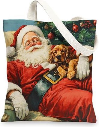 Generic Sac fourre-tout en toile r&eacute;utilisable avec motif de cocker am&eacute;ricain de No&euml;l pour faire du shopping, 33 x 38,1 cm, motif imprim&eacute; P&egrave;re No&euml;l chiot pour 