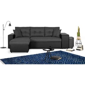 Best Mobilier California - ecksofa beidseitig montierbar - schlaffunktion und bettkasten und aufbewahrungsregal - aus kunstleder und stoff - schwarz / grau