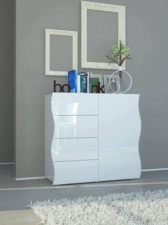 Dmora Kommode Giuseppe, Küchen-Sideboard mit 4 Türen und 1 Schublade, Wohnzimmer-Buffet, 100 % Made in Italy, 90 x 40 x 81 cm, glänzendes Weiß