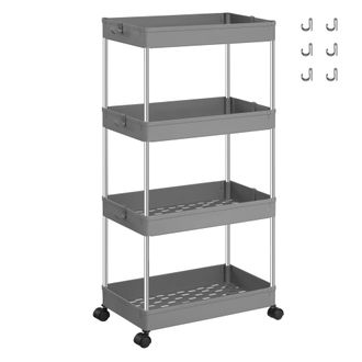 Songmics Rollwagen, K&uuml;chenwagen, K&uuml;chenregal, Nischenregal, mit 6 Haken, 360&deg; drehbare R&auml;der, Stahlgestell, Bad, K&uuml;che, B&uuml;ro, 4 Ebenen, grau KSC010G01
