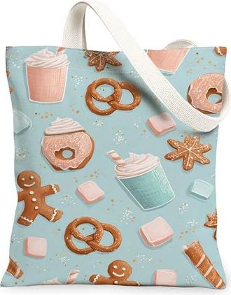 Generic Sacs fourre-tout en toile avec motif dessert dhiver, jolis friandises, r&eacute;utilisables, l&eacute;gers et lavables avec bandouli&egrave;re pour salle de sport, voyage,