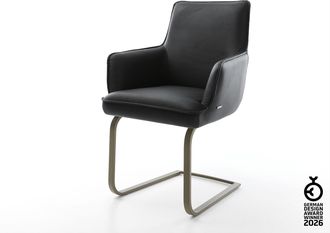 DELIFE Freischwinger Heira-Flex mit Armlehnen Echt-Leder Schwarz Freischwinger flach Effektfinish Titan Taschenfederkern, Esszimmerst&uuml;hle