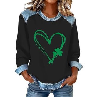 Generic HUIFUAO Sweat-shirt en jean pour la Saint-Patrick pour femme - Motif tr&egrave;fle amusant - Coeur - Imprim&eacute; gaufr&eacute; - Coutures en jean - Costumes irlandais d