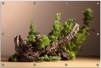 Wallario Outdoor-Poster f&uuml;r Garten oder Balkon Komposition aus Holz und Gr&uuml;n, Motivbanner Gr&ouml;&szlig;e: ca. 80 x 120 cm, Outdoor-Bild