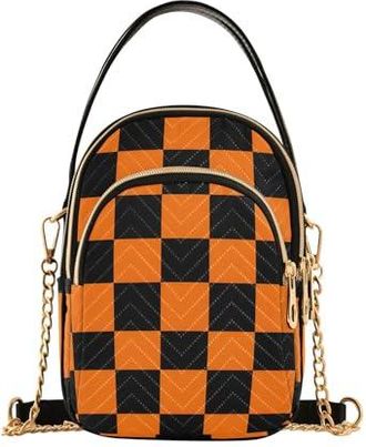 Mnsruu Sac à bandoulière pour femme - Orange et noir - Motif écossais - Avec sangle réglable
