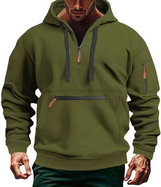Generic Sweat &agrave; capuche de couleur unie pour homme, fermeture &eacute;clair quart avec cordon de serrage, confortable &agrave; manches longues, pull &agrave; capuche polyvalent de