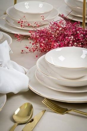 Hermia Elegant 24-Piece Dinner Set, 100% Porcelain, White & Gold | Includes Service Plates, Bowls, & Dessert Plates | Microwave & Dishwasher Safe, Perfect fo