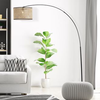Lightbox Bogenstehlampe im Nature Stil | Boho Standleuchte mit Rattan Schirm & Teleskoparm & schwenkbarem Kopf | ideal f&uuml;r Wohnzimmer | 2 m H&ouml;he | E27 Fassung 