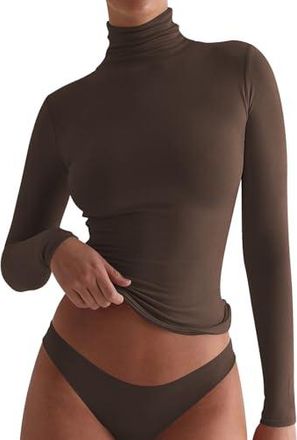 Generic Haut &agrave; manches longues et col montant pour femme, extensible, coupe ajust&eacute;e, col roul&eacute; thermique pour superposition, travail, voyage, gym | Doux et re