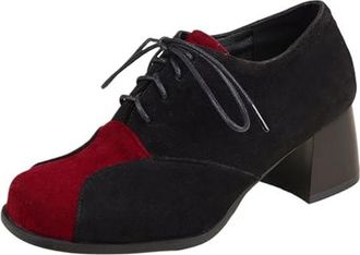 SJJH Chaussures Oxford pour femme Talon 5,5 cm | Velours synth&eacute;tique bicolore avec lacets | Casquette carr&eacute;e pour le bureau et les loisirs, Noir, 36 EU