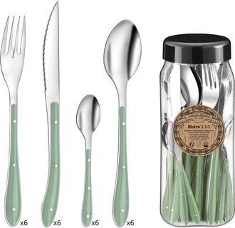 Amefa Besteck Bistro 1-2-3, Tafelbesteck f&uuml;r 6 Personen, 18/0 Edelstahl mit Kunststoffgriff in Trendfarbe, wassergr&uuml;n, 24-teilig