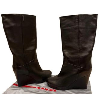 Prada Black Leather Eddy Wedge Boots Size 37.5