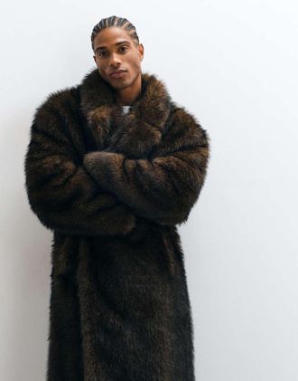 Asos manteau long oversize en laine &agrave; fausse fourrure marron