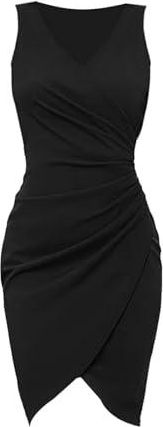 Generic Robe Sexy Femme sans Manches- Robe Portefeuille Femme Col en V Irr&eacute;gulier Pliss&eacute;e Couleur Unie Coupe Slim Chic Et &Eacute;l&eacute;gants &Eacute;t&eacute; De Tous Les Jours Moula