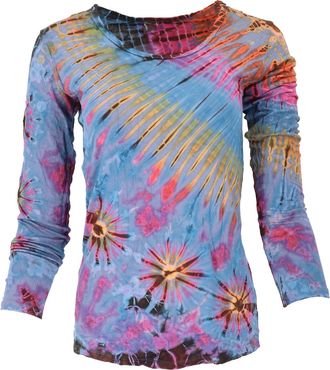 Guru Shop Unikat Batik Shirt, Boho Langarmshirt - Hellblau, Damen, Synthetisch