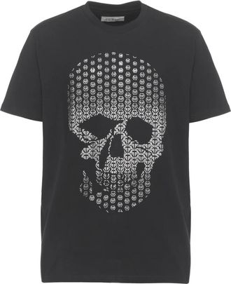 Philipp Plein Homme, Tops, Noir, Taille: XL T-Shirt Col Rond T&ecirc;te de Mort Strass