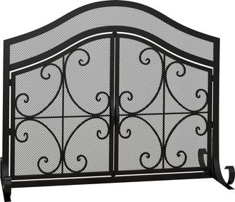 HOMCOM Funkenschutzgitter, Kaminschutz, Kamin Funkenschutz, Feuerschirm mit magnetischen Türen, Kaminfunkenschutz, Ofenschutzgitter, dekoratives Netz, Stahl,