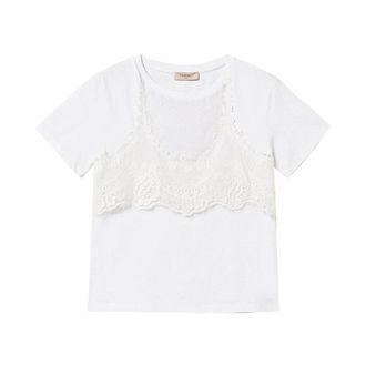 Twinset Femme, Tops, Blanc, Taille: 42 FR T-shirt trompe-loeil avec dentelle