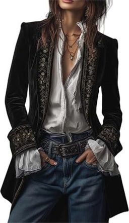 Generic Vintage Marine Polyester Velours Brodé Longue Veste, Velours Blazer Femmes Vintage Pirate Veste Halloween Steampunk Manteau, Noir, 3XL