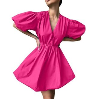 Generic Mini robe sexy &agrave; manches courtes bouffantes avec col en V et taille haute &eacute;lastique pour femme, robe d&eacute;t&eacute;, robe ample, robe de vacances pour femme, ro