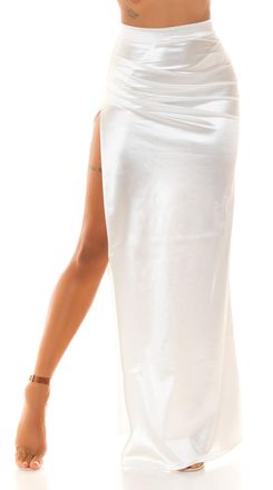 Koucla Highwaist Cocktail Rock Bodenlang Satin Look Maxirock mit Falten-Effekt und Beinschlitz XL