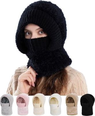 Generic Capuche en tricot thermique pour femme - Bonnet dhiver doubl&eacute; en polaire, cache-cou et couvre-visage Combo bonnet, &eacute;charpe, masque avec cache-oreilles