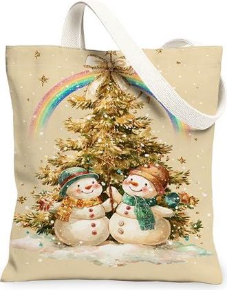 Generic Sacs fourre-tout en toile motif bonhomme de neige de No&euml;l, sacs d&eacute;picerie r&eacute;utilisables, l&eacute;gers et lavables avec bandouli&egrave;re, beige, 13x15 Inch