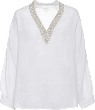 120% Lino Femme, Blouses et Chemises, Blanc, Taille: 42 FR Blouse &agrave; Encolure en V Orn&eacute;e
