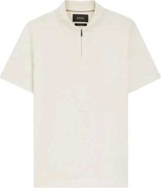 HUGO BOSS Homme, Tops, Blanc, Taille: XL Polo Camel Naturel &agrave; Col Zipp&eacute; En Coton Et Soie