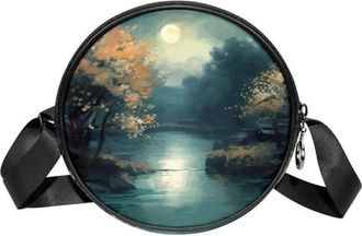Generic Tranquil Lake Petit sac &agrave; bandouli&egrave;re rond d&eacute;contract&eacute; avec fermeture &eacute;clair et bretelles r&eacute;glables pour femme et fille
