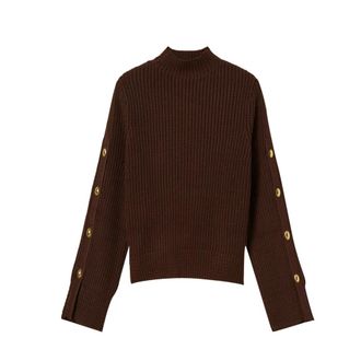 Twinset Pull &agrave; col montant avec boutons m&eacute;talliques - Femme - Pulls - Brun - Taille: 36 FR