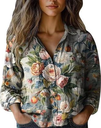 Generico Chemise Femme d&Eacute;t&eacute; D&eacute;contract&eacute; &agrave; Manches Longues Chemises Coton Et Lin Curvy Respirant T Shirt Col en V Doux Chemisier Vintage Imprim&eacute; avec Boutons Mo