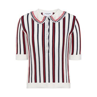 Thom Browne Femme, Pulls, Multicolore, Taille: 38 FR Polo &agrave; Rayures RWB en Maille Crochet