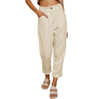 Generic Pantalon d&eacute;contract&eacute; en velours c&ocirc;tel&eacute; taille haute avec poches pour femme avec poches, beige, XXL