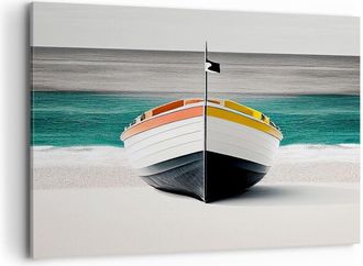 Arttor Bilder auf Leinwand 100x70cm Leinwandbild mit Rahmen Boot Meer Strand Groß Wanddeko Bild Schlafzimmer Küche Deko Wandbilder Dekoration Wohnzimmer Wall