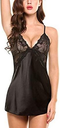 ORANDESIGNE Lingerie Dentelle Femmes Sexy Bowknot Mini Robe Chemise Nuisette Babydoll Robe de Nuit String Ensemble sous-Vêtements C Noir 40