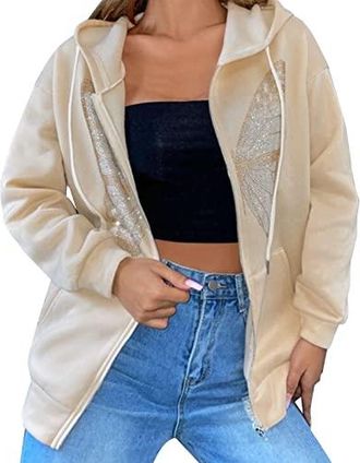 Generic Vestes &agrave; capuche surdimensionn&eacute;es en polaire avec strass pour femmes, taille S, 2026, beige, XL